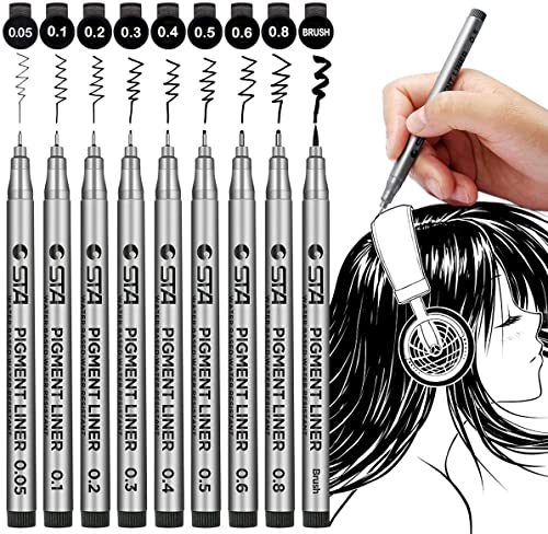 Precision Micro-Line Pens, Set of 9 Black Micro-Pen Fineliner Ink Pens, Waterproof Archival ink, Multiliner, Sketching, Anime, Artist Illustration, Technical Drawing, Office Documents