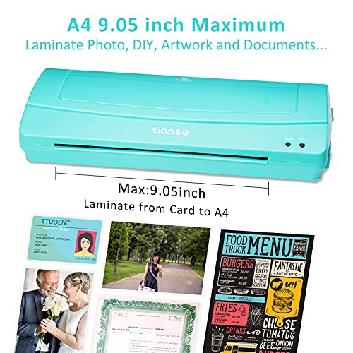 TIANSE Laminator Machine, 9-Inch A4 Thermal Laminator, 4-in-1 Hot & Cold System for Professional Finish, Use for Home, Office, School, with Paper Trimmer, Corner Rounder, 50 Pcs A5 Laminating Pouches