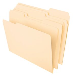 pendaflex file folders, letter size, 8-1/2″ x 11″, classic manila, 1/3-cut tabs in left, right, center positions, 100 per box (65213)