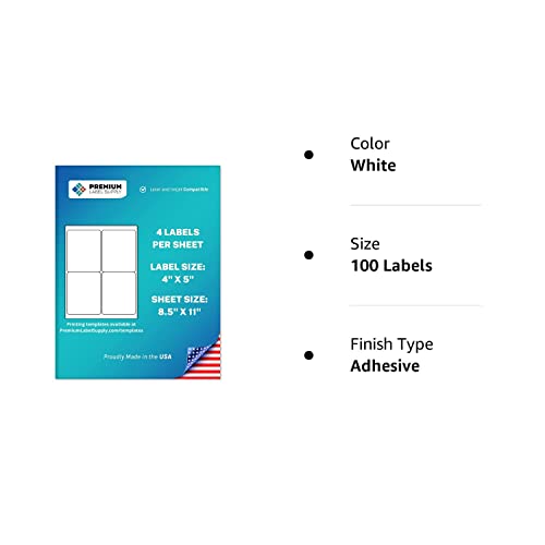 Premium Label Supply White Sticker Shipping Labels – 4" x 5" – Laser/Inkjet Compatible – (4 Labels/Sheet), 25 Sheets - 100 Total Adhesive Labels