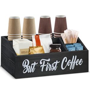 coffee station organizer, wooden coffee bar bin box, countertop coffee bar accessories organizer, coffee pod holder storage basket, coffee station holder for coffee bar decor, coffee lover (black)