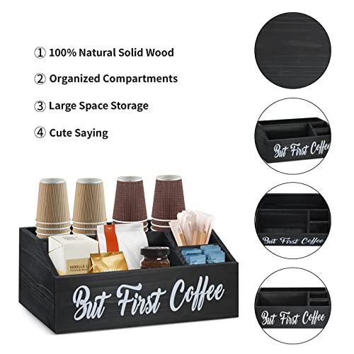 Coffee Station Organizer, Wooden Coffee Bar Bin Box, Countertop Coffee Bar Accessories Organizer, Coffee Pod Holder Storage Basket, Coffee Station Holder for Coffee Bar Decor, Coffee Lover (Black)