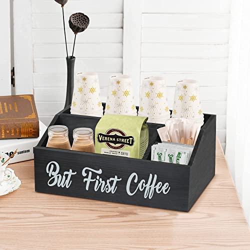 Coffee Station Organizer, Wooden Coffee Bar Bin Box, Countertop Coffee Bar Accessories Organizer, Coffee Pod Holder Storage Basket, Coffee Station Holder for Coffee Bar Decor, Coffee Lover (Black)