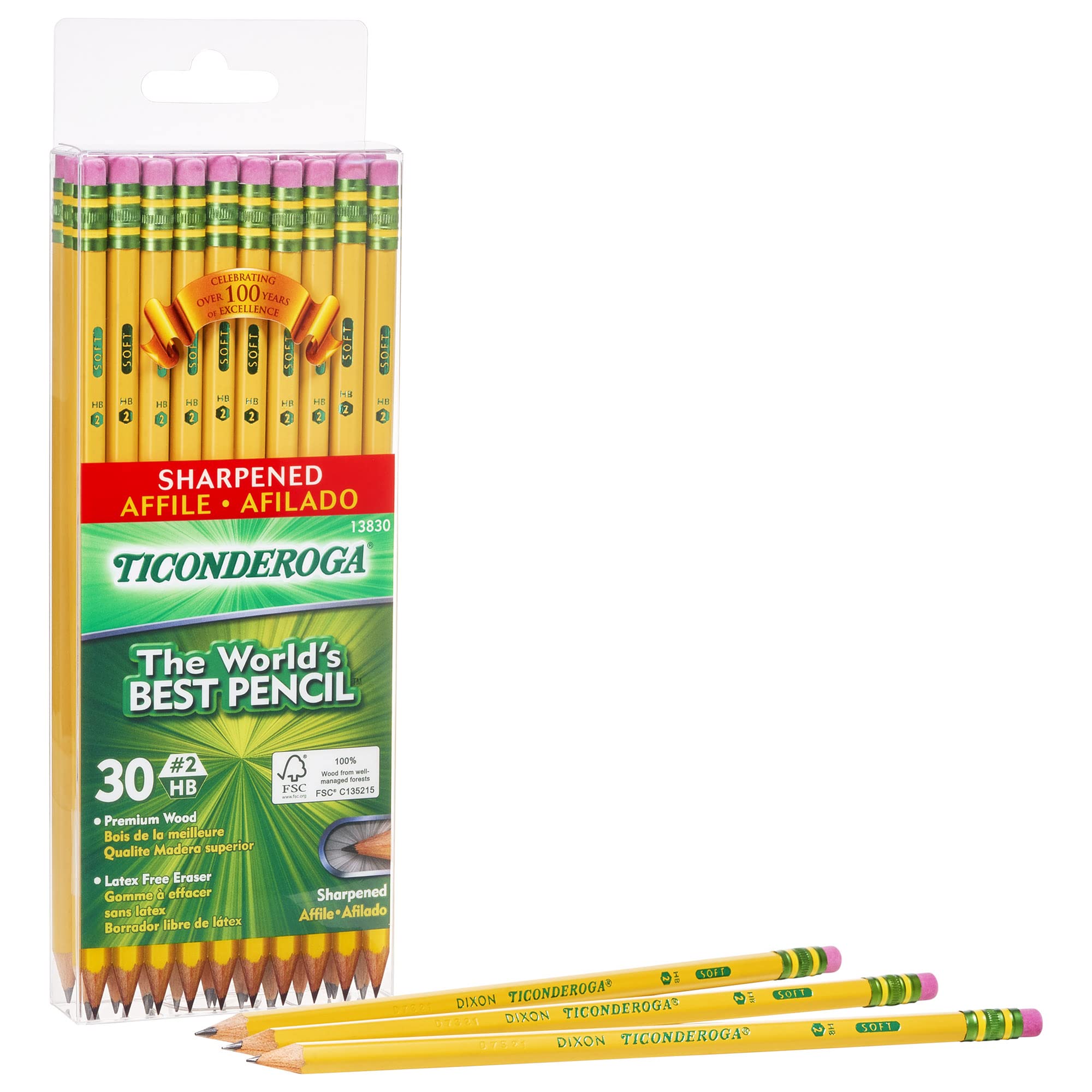 TICONDEROGA Pencils, Wood-Cased, Pre-Sharpened, Graphite #2 HB Soft, Yellow, 30-Pack (X13830)