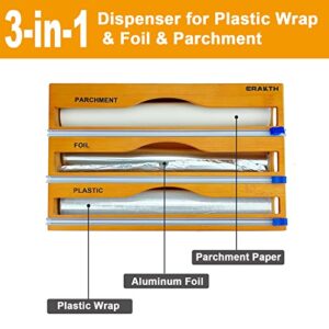 CRAKTH Bamboo Plastic Wrap Dispenser with Cutter, 3 in 1 Storage Organizer for Aluminum Foil & Cling Film & Parchment Paper