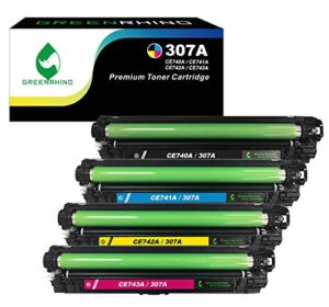 greenrhino remanufactured toner cartridge replacement for hp 307a ce740a ce741a ce742a ce743a hp color laserjet cp5200 cp5220 cp5225 cp5225dn cp5225n (1 black, 1 cyan, 1 magenta, 1 yellow, 4-pack)