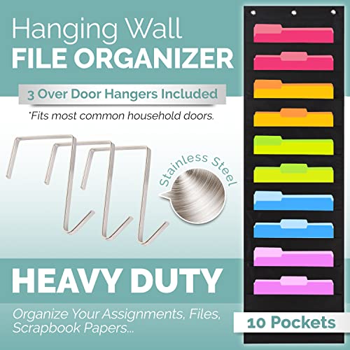 Heavy Duty Storage Pocket Chart for classroom and Office, 10 Pockets, 3 Over Door Hangers Included, Hanging Wall File Organizer for File Folders, School Mailbox, Home/Office Papers & More (Black)