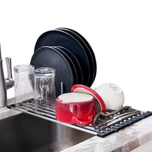 over the sink dish drying rack, 2pc set, with foldable roll up dish drying rack & compact plate holder. space saving collapsible rv dish drainer, sink dish drying rack for small kitchen counter