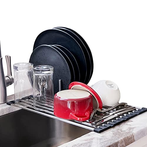 Over The Sink Dish Drying Rack, 2pc Set, With Foldable Roll Up Dish Drying Rack & Compact Plate Holder. Space Saving Collapsible RV Dish Drainer, Sink Dish Drying Rack for Small Kitchen Counter