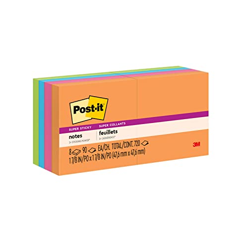 Post-it Super Sticky Notes, 2 in x 2 in, 8 Pads, 2x the Sticking Power, Rio de Janeiro Collection, Bright Colors (Orange, Pink, Blue, Green), Recyclable (622-8SSAU)