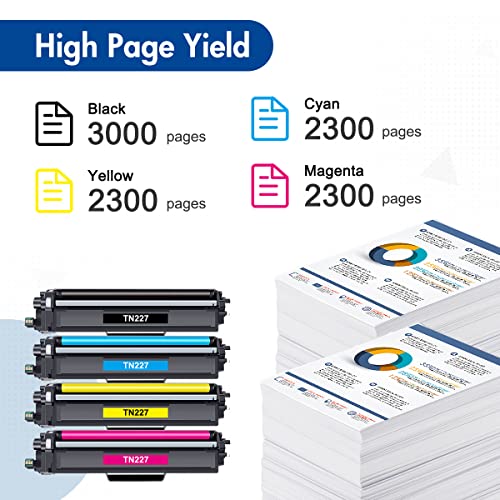 TN227 High Yield Toner Cartridge 4 Pack TN223BK/C/M/Y Compatible for Brother TN-227BK/C/M/Y High Yield Replacement for MFC-L3750CDW MFC-L3770CDW HL-L3290CDW HL-L3210CW HL-L3230CDW MFC-L3710CW Printer