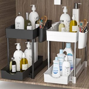 mftek 2 pack under sink organizers and storage with pull out drawer, 2-tier under cabinet organizer sliding baskets shelf holder for bathroom kitchen, black & white