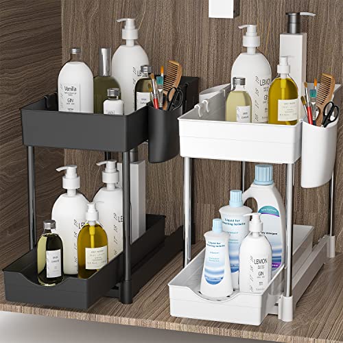 MFTEK 2 Pack Under Sink Organizers and Storage with Pull Out Drawer, 2-Tier Under Cabinet Organizer Sliding Baskets Shelf Holder for Bathroom Kitchen, Black & White