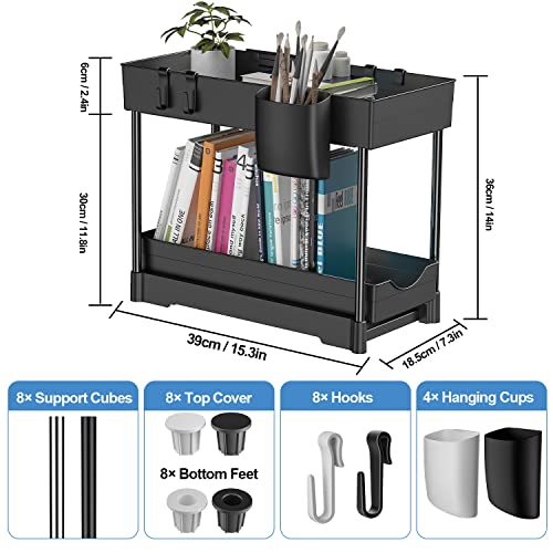 MFTEK 2 Pack Under Sink Organizers and Storage with Pull Out Drawer, 2-Tier Under Cabinet Organizer Sliding Baskets Shelf Holder for Bathroom Kitchen, Black & White