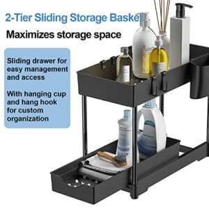 MFTEK 2 Pack Under Sink Organizers and Storage with Pull Out Drawer, 2-Tier Under Cabinet Organizer Sliding Baskets Shelf Holder for Bathroom Kitchen, Black & White