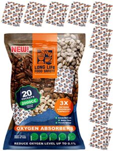 2000cc oxygen absorbers for food storage (20 packets – individually vacuum sealed) | 3x oxygen absorbing capacity | extends shelf life & retains flavor – 4.3 in x 3.1 in