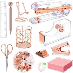 rose gold office supplies and accessories, acrylic stapler, staple remover, tape holder, pen holder, ballpoint pen, scissor, binder clips, staples, phone holder, ruler, transparent glue and 300 notes