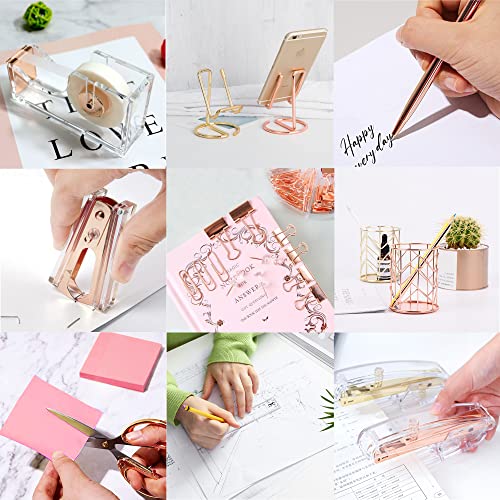 Rose Gold Office Supplies and Accessories, Acrylic Stapler, Staple Remover, Tape Holder, Pen Holder, Ballpoint Pen, Scissor, Binder Clips, Staples, Phone Holder, Ruler, Transparent Glue and 300 Notes