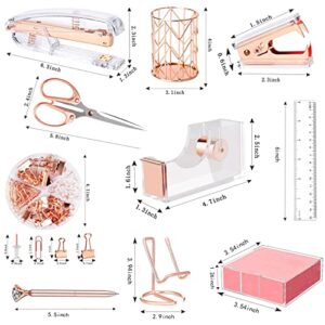 Rose Gold Office Supplies and Accessories, Acrylic Stapler, Staple Remover, Tape Holder, Pen Holder, Ballpoint Pen, Scissor, Binder Clips, Staples, Phone Holder, Ruler, Transparent Glue and 300 Notes