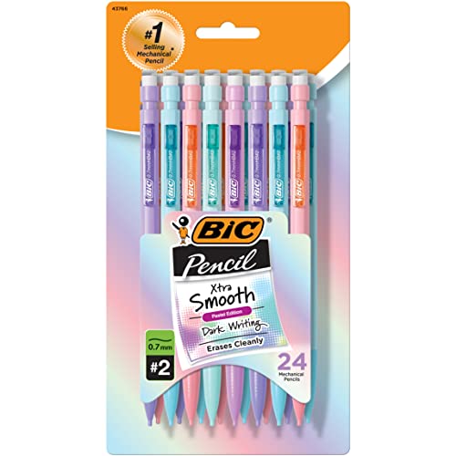 BIC Xtra Smooth Mechanical Pencils (MPNP24-BLK), Medium Point (0.7mm), Fun Pastel Color Pencils, Back to School, 24 Count