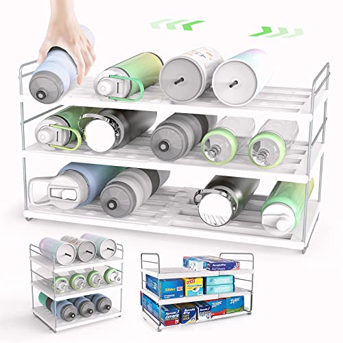 Expandable Water Bottle Organizer, Oylik 3-Shelf Stackable Plastic Water Bottle Holder, Height Adjustable Water Bottle Storage Rack for Kitchen Cabinets,Countertop,Pantry,Freezer,Fridge