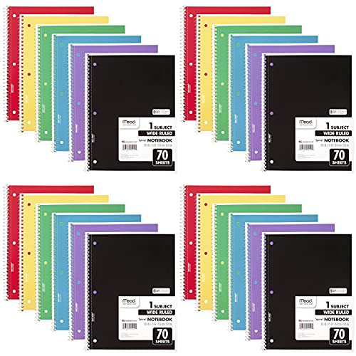 Mead Spiral Notebooks, 24 Pack, 1-Subject, Wide Ruled Paper, 10-1/2" x 8", 70 Sheets per Notebook, Assorted Colors (05510)