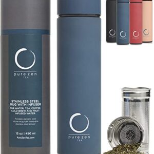 Pure Zen Tea Thermos with Infuser - Stainless Steel Insulated Tea Infuser Tumbler for Loose Leaf Tea, Iced Coffee and Fruit-Infused Water - Leakproof Tea Tumbler With Infuser - 15oz - Blue