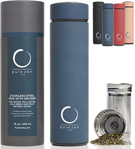 Pure Zen Tea Thermos with Infuser - Stainless Steel Insulated Tea Infuser Tumbler for Loose Leaf Tea, Iced Coffee and Fruit-Infused Water - Leakproof Tea Tumbler With Infuser - 15oz - Blue