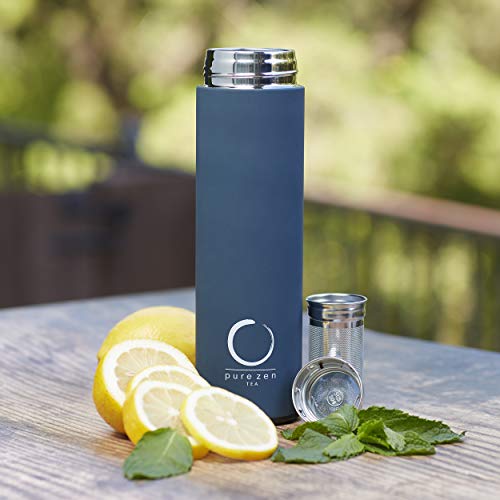 Pure Zen Tea Thermos with Infuser - Stainless Steel Insulated Tea Infuser Tumbler for Loose Leaf Tea, Iced Coffee and Fruit-Infused Water - Leakproof Tea Tumbler With Infuser - 15oz - Blue