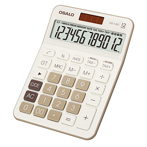 Desktop Calculator Large LCD Display 12 Digit Number Big Button Tax Financial Accounting Calculator, Battery and Solar Powered, for Desk Office Home Business Use(OS-130T Brown)