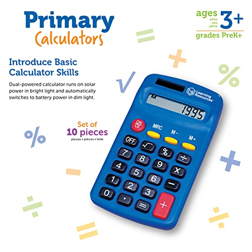 Learning Resources Primary Calculator - 10 Pieces, Ages 3+ Basic Solar Powered Calculators, Teacher Set of 10 Calculators, School Supplies