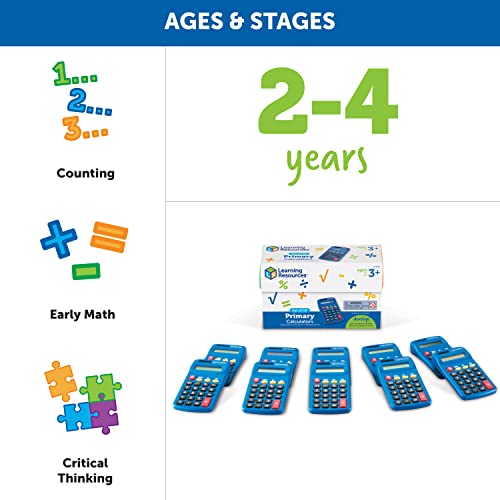 Learning Resources Primary Calculator - 10 Pieces, Ages 3+ Basic Solar Powered Calculators, Teacher Set of 10 Calculators, School Supplies