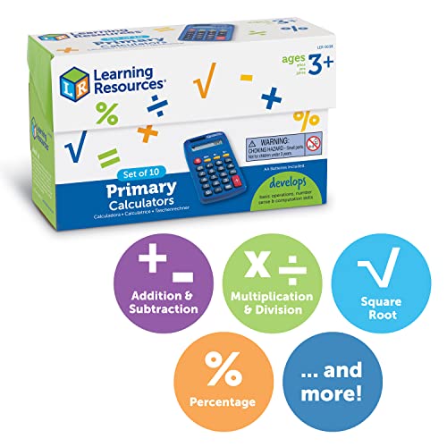 Learning Resources Primary Calculator - 10 Pieces, Ages 3+ Basic Solar Powered Calculators, Teacher Set of 10 Calculators, School Supplies