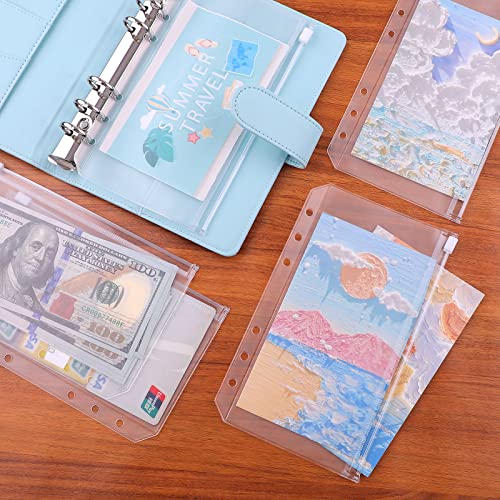 Antner 12pcs A6 Size Binder Pockets 6 Holes Budget Cash Envelopes for Budgeting, Clear Zipper Folders Loose Leaf Bags for 6-Ring Budget Binder, Waterproof PVC Document Pouch Filing Bags