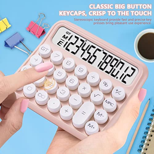 GUDTEKE Mechanical Switch Calculator, Pink Calculator Cute 12 Digit Large LCD Display Big Button Calculator Clear Standard for Daily and Basic Office,Automatic Sleep,with Battery