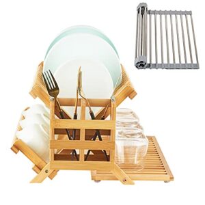 worthug bamboo dish drying rack set, 3-tier collapsible bamboo drainer dish drying rack with utensil holder ,multipurpose roll-up dish drying rack