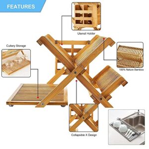 WORTHUG Bamboo Dish Drying Rack Set, 3-Tier Collapsible Bamboo Drainer Dish Drying Rack with Utensil Holder ,Multipurpose Roll-Up Dish Drying Rack