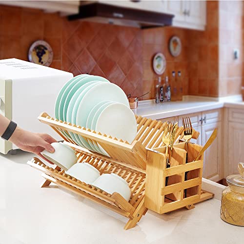 WORTHUG Bamboo Dish Drying Rack Set, 3-Tier Collapsible Bamboo Drainer Dish Drying Rack with Utensil Holder ,Multipurpose Roll-Up Dish Drying Rack