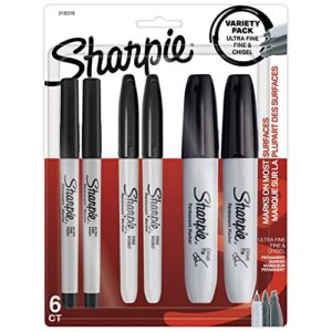 sharpie permanent markers variety pack, featuring fine, ultra-fine, and chisel-point markers, black, 6 count