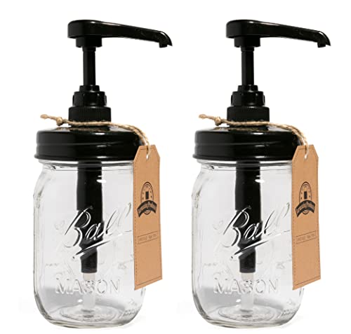 Jarmazing Products Mason Jar Syrup Dispenser - Set of 2 – 16 oz Ball Jars with Rust-Proof, Leak-Proof, Food Grade Pumps for Honey, Syrups, Condiments, Salad Dressings and More