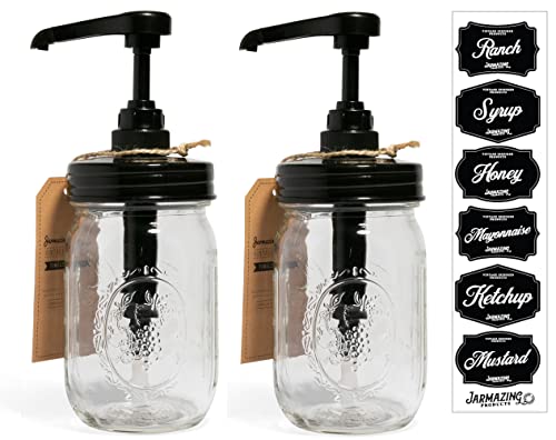 Jarmazing Products Mason Jar Syrup Dispenser - Set of 2 – 16 oz Ball Jars with Rust-Proof, Leak-Proof, Food Grade Pumps for Honey, Syrups, Condiments, Salad Dressings and More