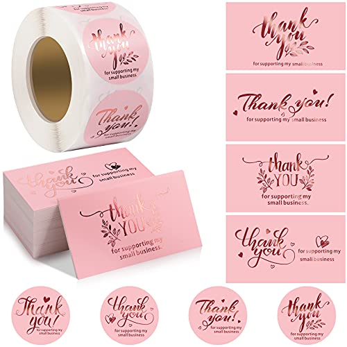 600 Pieces Thank You Cards and Stickers Set Pink Gold Foil Thank You For Supporting My Small Business Cards and Sticker Set for Retail Store Package Insert Envelope Seals Business Owner Sellers