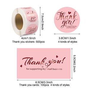 600 Pieces Thank You Cards and Stickers Set Pink Gold Foil Thank You For Supporting My Small Business Cards and Sticker Set for Retail Store Package Insert Envelope Seals Business Owner Sellers