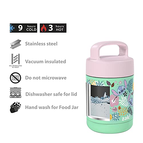 Zak Designs Kids' Vacuum Insulated Stainless Steel Food Jar with Carry Handle, Thermal Container for Travel Meals and Lunch On The Go, 12 oz, Lilo and Stitch