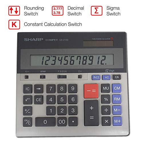 Sharp QS-2130 12-Digit Commercial Desktop Calculator with Kickstand, Arithmetic Logic, Battery and Solar Hybrid Powered LCD Display, Great For Home and Office Use,Gray and Black