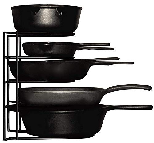 Extreme Matters Heavy Duty Pot and Pan Organizer Holder - Holds Cast Iron Skillets, Pots, Frying Pan, Lids - Durable Steel Construction Griddles and Shallow Pots - Space Saving Kitchen Storage - Black