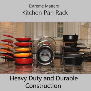 Extreme Matters Heavy Duty Pot and Pan Organizer Holder - Holds Cast Iron Skillets, Pots, Frying Pan, Lids - Durable Steel Construction Griddles and Shallow Pots - Space Saving Kitchen Storage - Black