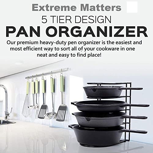 Extreme Matters Heavy Duty Pot and Pan Organizer Holder - Holds Cast Iron Skillets, Pots, Frying Pan, Lids - Durable Steel Construction Griddles and Shallow Pots - Space Saving Kitchen Storage - Black