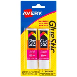 avery glue stic white, 0.26 oz., washable, nontoxic, permanent adhesive, 2 glue sticks (00171)