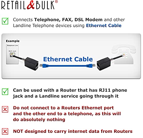 RetailAndBulk (2 Pack) Phone Jack to Ethernet Adapter RJ45 Female to RJ11 Male for Landline Telephone Service